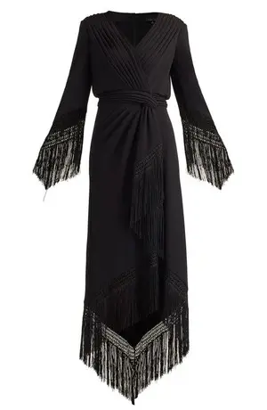 Tadashi Shoji Fringe Detail Long Sleeve Gown