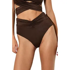 REISS Maisie Metallic High Waisted Bikini Bottom - Chocolate Brown