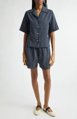 WALES BONNER London Windowpane Check Stretch Linen Bowling Shirt