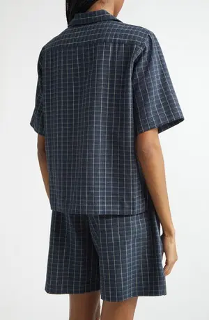 WALES BONNER London Windowpane Check Stretch Linen Bowling Shirt