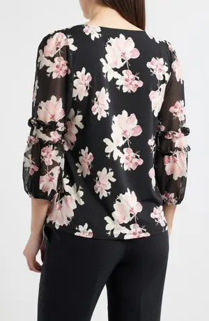 Anne Klein Ruffle Floral Puff Sleeve Top - Anne Black Multi