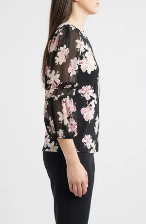 Anne Klein Ruffle Floral Puff Sleeve Top - Anne Black Multi