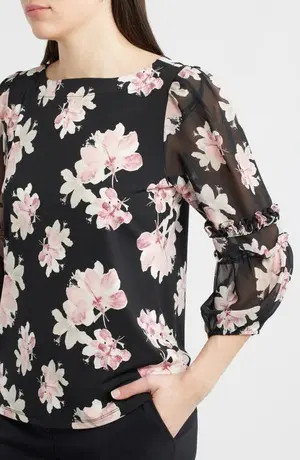Anne Klein Ruffle Floral Puff Sleeve Top - Anne Black Multi