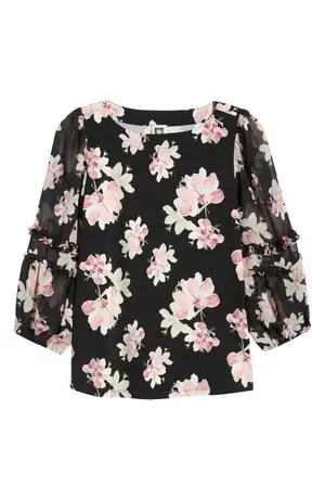 Anne Klein Ruffle Floral Puff Sleeve Top - Anne Black Multi