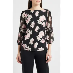 Anne Klein Ruffle Floral Puff Sleeve Top - Anne Black Mutli