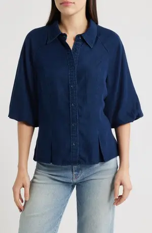 Wit & Wisdom Bubble Sleeve Flared Button-up Top - Indigo