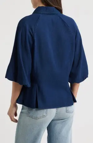 Wit & Wisdom Bubble Sleeve Flared Button-up Top - Indigo