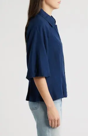 Wit & Wisdom Bubble Sleeve Flared Button-up Top - Indigo