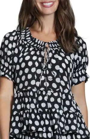 APNY Tiered Ruched Tie Neck Top - Blackwhite