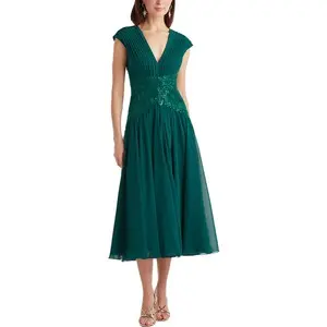 Tadashi Shoji Sequin Pleated Chiffon Midi Dress