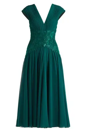 Tadashi Shoji Sequin Pleated Chiffon Midi Dress