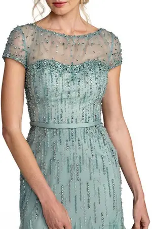 Mac Duggal Embellished Net Feather Gown - Seafoam