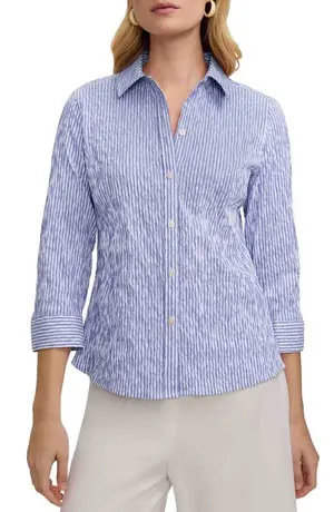 Foxcroft Hampton Crinkle Jacquard Shirt - Blue/white