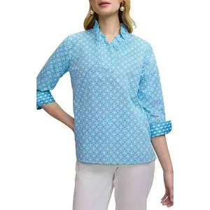 Foxcroft Printed Ruffle Collar Top - Blue/white
