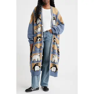 DRESSED IN LALA Animal Print Longline Cardigan - Blue And Tan