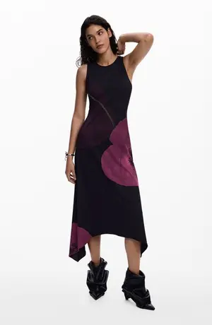Desigual Print Asymmetric Hem Midi Dress