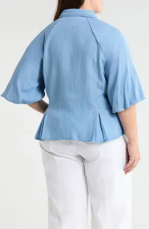 Wit & Wisdom Bubble Sleeve Button-up Chambray Top - Light Blue