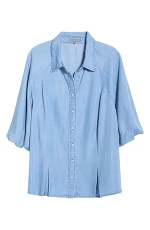 Wit & Wisdom Bubble Sleeve Button-up Chambray Top - Light Blue