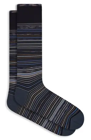 Bugatchi Stripe Mercerized Cotton Blend Dress Socks - Black