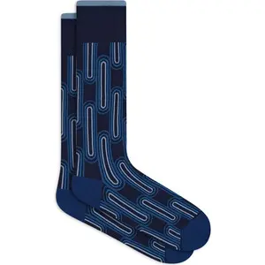 Bugatchi Link Pattern Mercerized Cotton Blend Dress Socks - Navy
