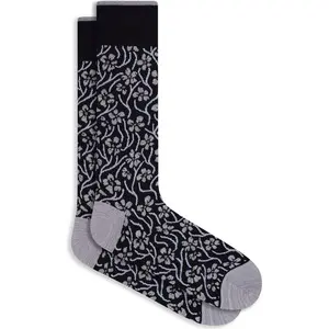 Bugatchi Floral Mercerized Cotton Blend Dress Socks - Black