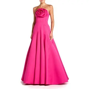 Mac Duggal Strapless Satin Ballgown With 3d Floral Detail - Fuchsia