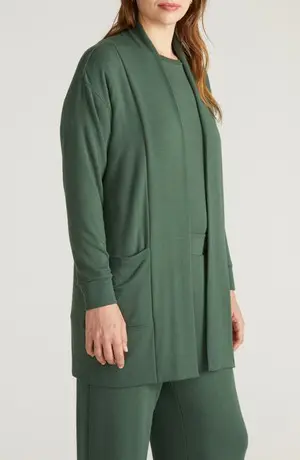 Universal Standard Travelknit Long Open Front Cardigan - Conifer Green