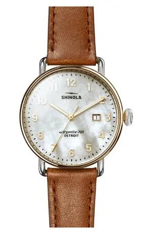 Shinola Canfield Leather Strap Watch - White Mother Of Pearl