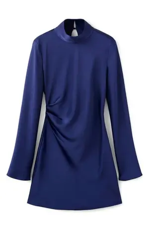 Mango Pleated Long-sleeve Satin Dress - Indigo Blue