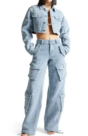 Manière De Voir High Waisted Boucle Denim Cargo Pants - Mid Blue