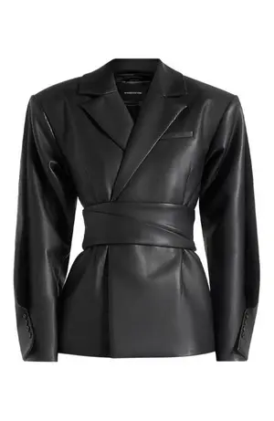 Manière De Voir Twist Sleeve Vegan Leather Blazer - Black