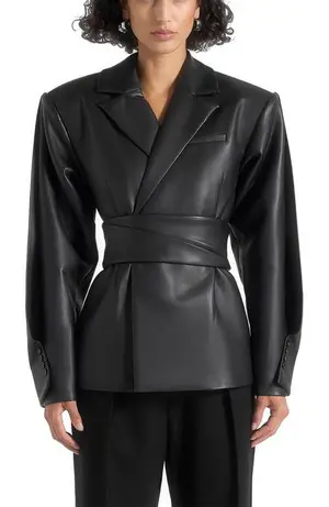 Manière De Voir Twist Sleeve Vegan Leather Blazer - Black