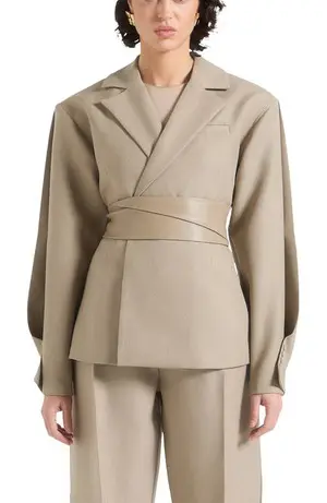 Manière De Voir Twist Sleeve Tailored Blazer With Belt - Taupe