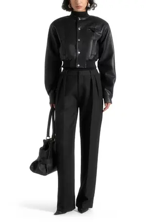 Manière De Voir Leather Wide Shoulder Bomber Jacket - Black