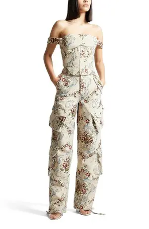 Manière De Voir Floral Jacquard High Waisted Cargo Pants