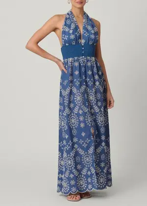Shoshanna Halter Embroidered Maxi Cover Up - Chambray