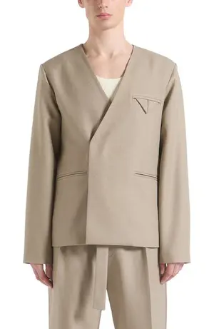 Manière De Voir Colin Collarless Double Breasted Minimal Blazer - Beige
