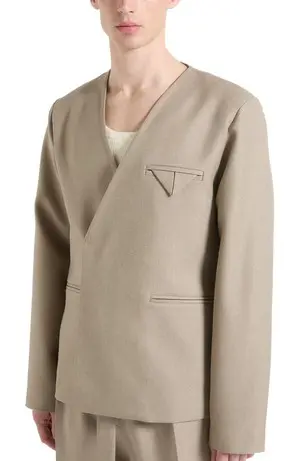 Manière De Voir Colin Collarless Double Breasted Minimal Blazer - Beige
