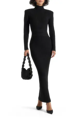 Manière De Voir Wide Shoulder Knit Dress With Waist Tie - Black