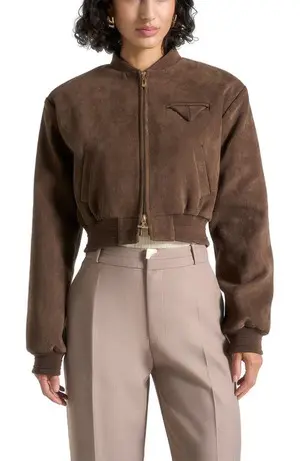 Manière De Voir Wide Shoulder Vegan Suede Bomber Jacket - Brown