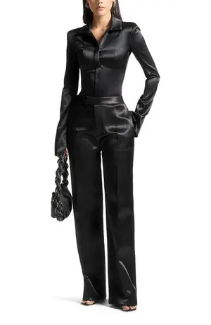 Manière De Voir Louise Satin Shirt Bodysuit - Black