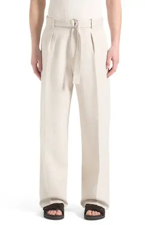 Manière De Voir Wide Leg Textured Trousers With Belt - Cream