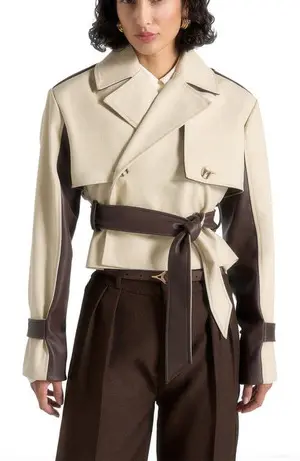 Manière De Voir Lelia Cropped Gabardine Trench Coat - Beige