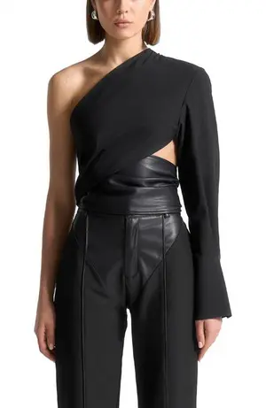 Manière De Voir Coralie One Sleeve Vegan Leather Wrap Top - Black