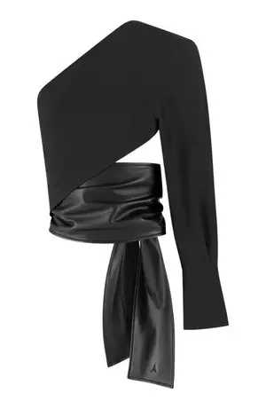 Manière De Voir Coralie One Sleeve Vegan Leather Wrap Top - Black