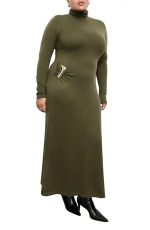 Mango Turtleneck Long Sleeve Knit Dress - Khaki Green
