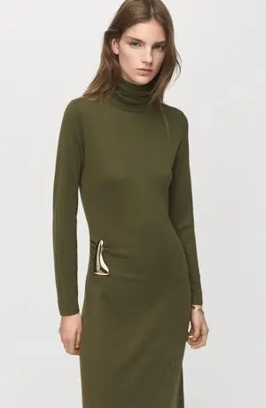 Mango Turtleneck Long Sleeve Knit Dress - Khaki Green