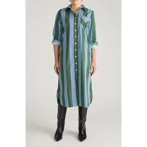 Universal Standard Odeon Long Sleeve Midi Shirtdress - Green/blue Stripe
