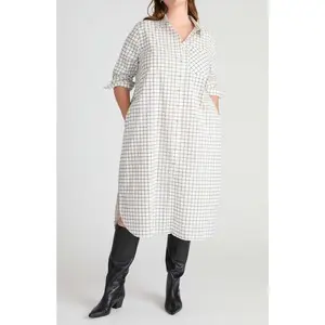 Universal Standard Odeon Long Sleeve Midi Shirtdress White Windowpane Check