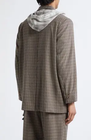 SONG FOR THE MUTE Square Glen Plaid Single-breasted Blazer With Drawstring Hood